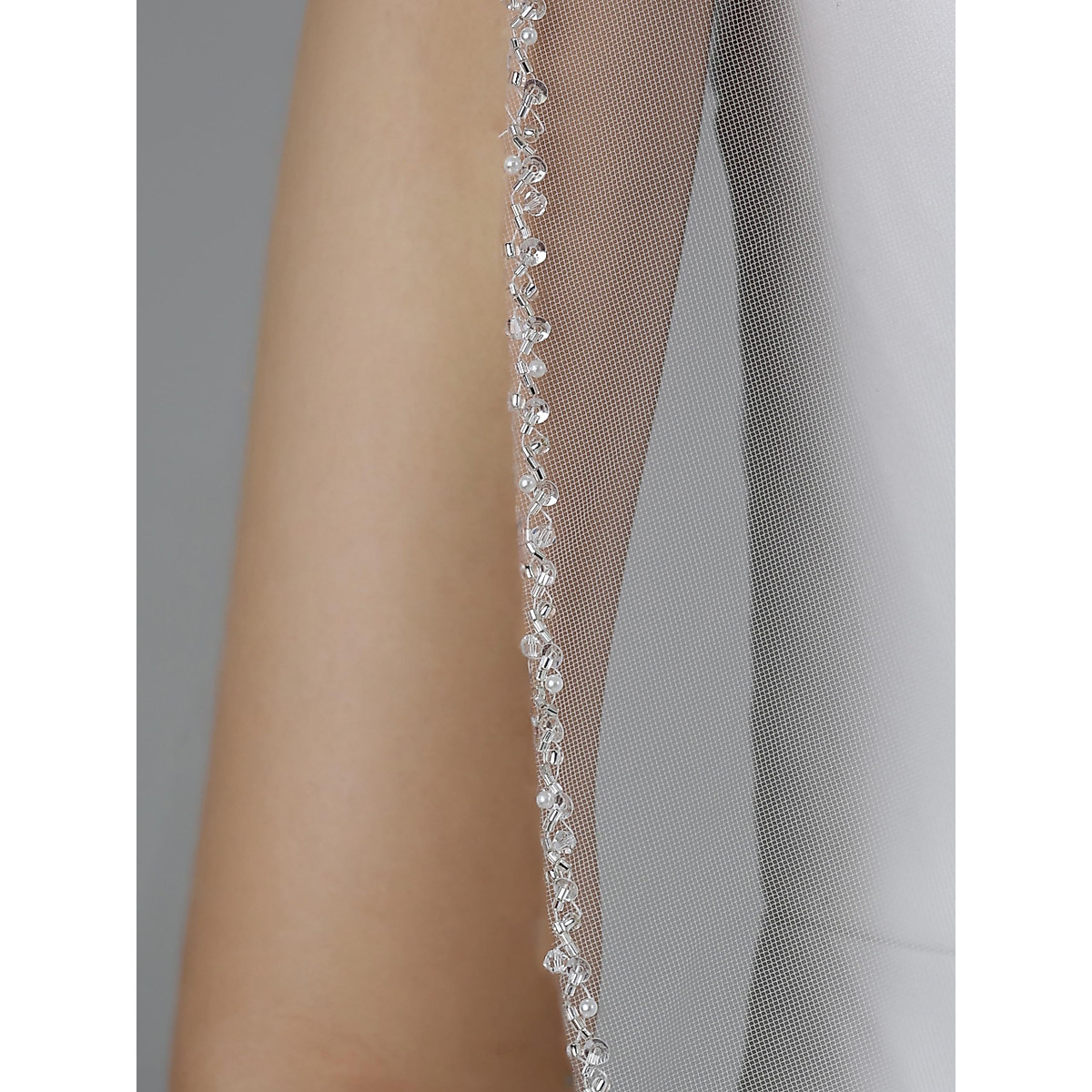1T 1 Tier Crystals Pearls Beaded Wedding Veil (Elbow Length 30" Ivory)