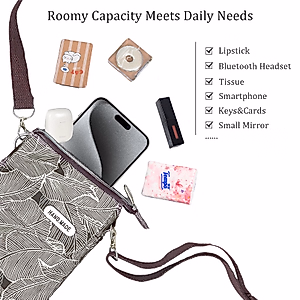 WITERY Small Canvas Cell Phone Purse Wallet- Handmade Cute Leaf Pattern Cross Body Phone Pouch with Shoulder Strap for Women Teen Girls