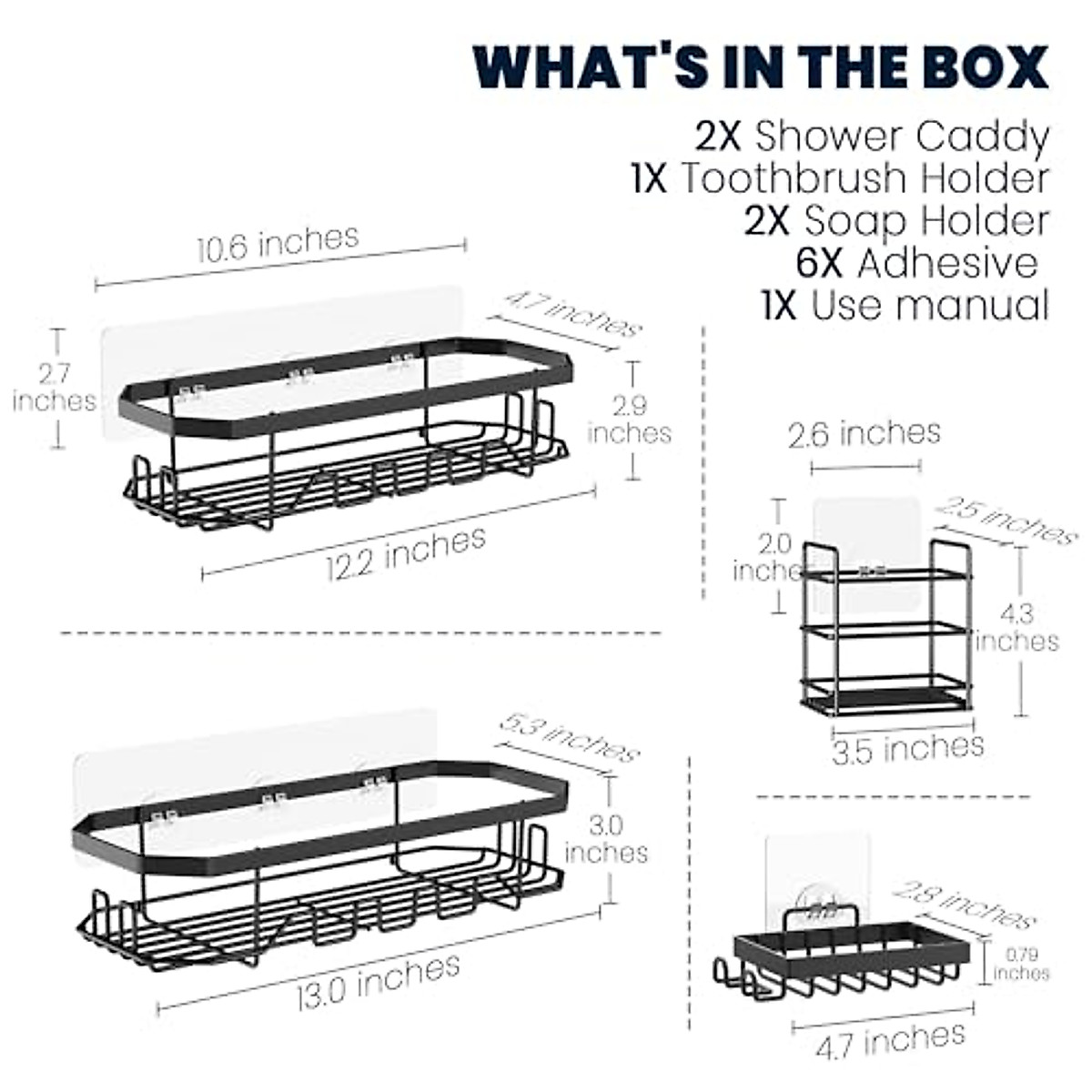 Wekin Shower Caddy Bathroom Organizer, Wall Mount Shower Organizer, No Drilling Rustproof Stainless Steel Self-Adhesive Shower Shelves for Bathroom and Kitchen Storage 5 Pack (Black 5 Pack)