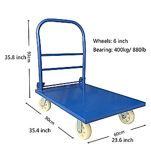 Hand Trucks Steel Plate Trolley 4-Wheels Flatbed Truck with Foldable Handle High Load Capacity for Warehouse Farmhouse Folding Pallet Cart Push Cart (Size : 880lb(90 * 60))