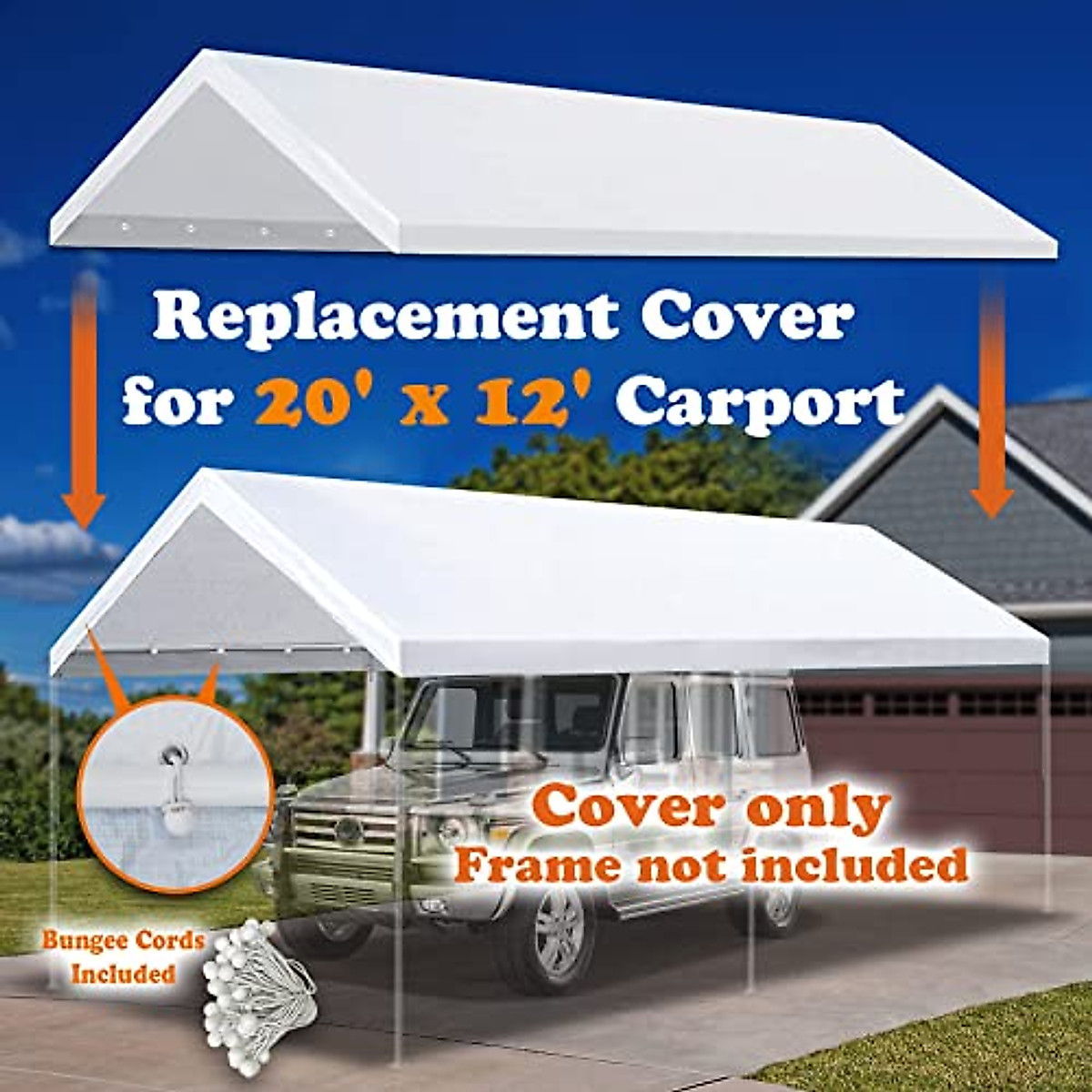 Strong Camel Carport Conopy Cover 12 x 20 Feet Replacement Tent Garage Outdoor Top Tarp Car Shelter with Ball Bungees (with Edge, Frame Not Included)