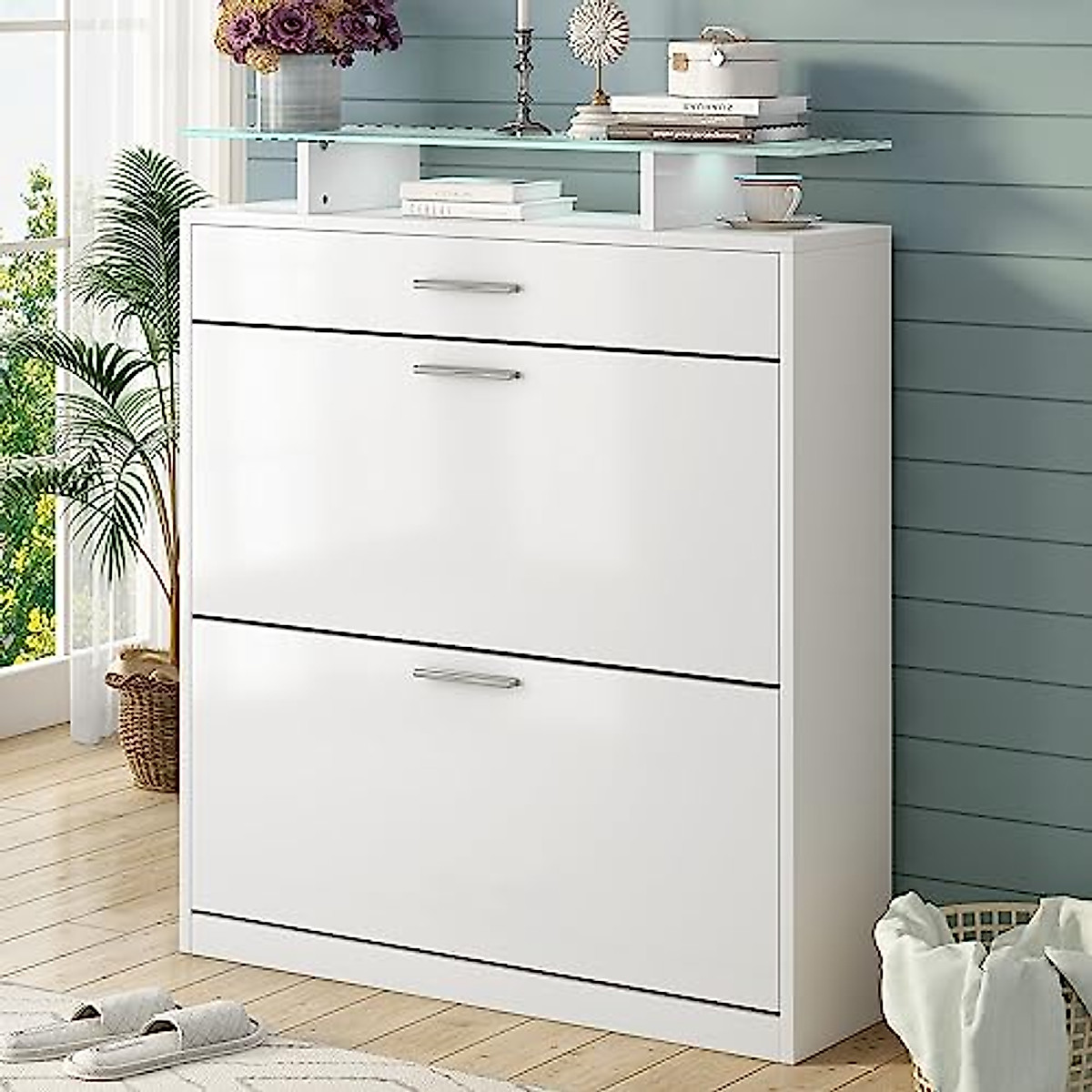 FridayParts Slim Entryway Organizer with 2 Flip Drawers, Tempered Glass Top Shoe Storage Cabinet with Drawer, Free Standing Shoe Rack with LED Light for Hallway, White