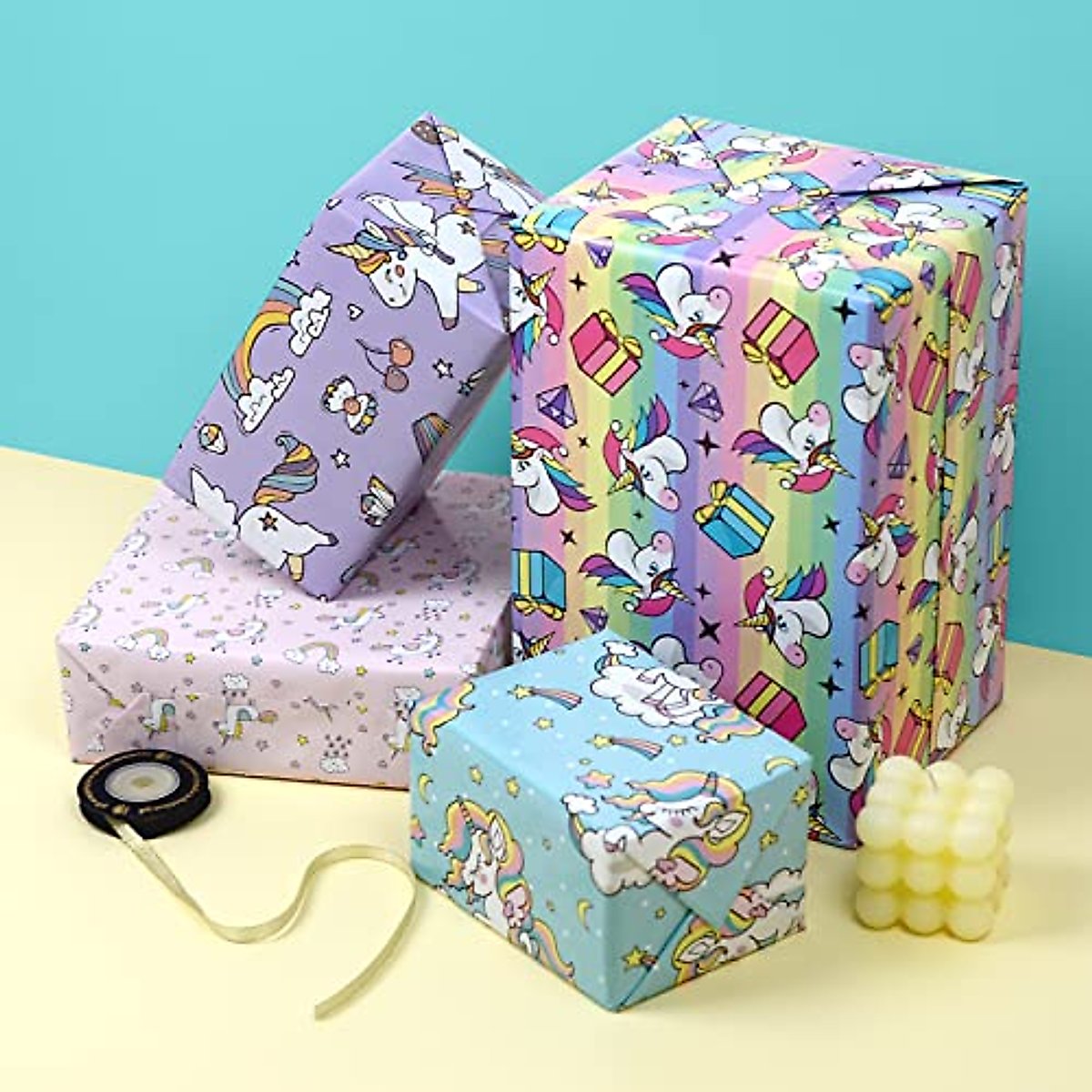 FIEHALA Flat Wrapping Paper Sheets - 8 Sheets with 4 Unicorn Patterns - Pre Cut & Folded Flat Design (20 inches × 27.5 inches per sheet)