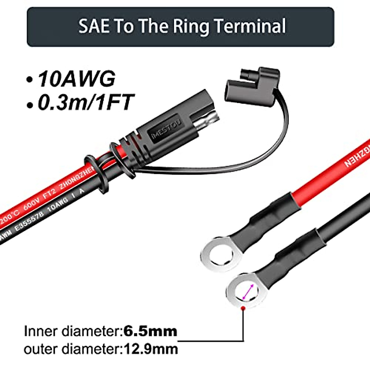 iMESTOU 10AWG SAE Cables 2 Pin Quick Disconnect Plug to O Ring Terminal Harness 1 Feet Extension Charge Cables SAE Connectors for 12V/24V Motorcycle, ATV, Lawn Mower, Truck(2)