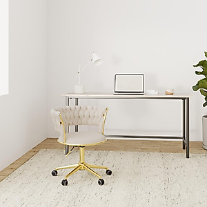 NIOIIKIT Velvet Office Desk Chair with Hand Woven Backrest, 360° Swivel & Height Adjustable Task Chairs, Makeup Chair, Living Room Chairs with Stainless Base and 5 Wheels (Ivory)