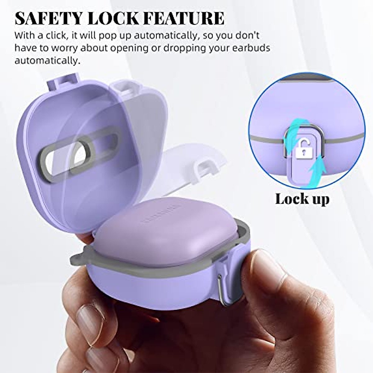 Secure Lock Case for Samsung Galaxy Buds 2 Pro/Galaxy Buds 2/Galaxy Buds Pro/Galaxy Buds Live, WOFRO Shock-Absorbing Protective Cover TPU Hard Shell with Lanyard and Keychain[One-Click pop] (Purple)