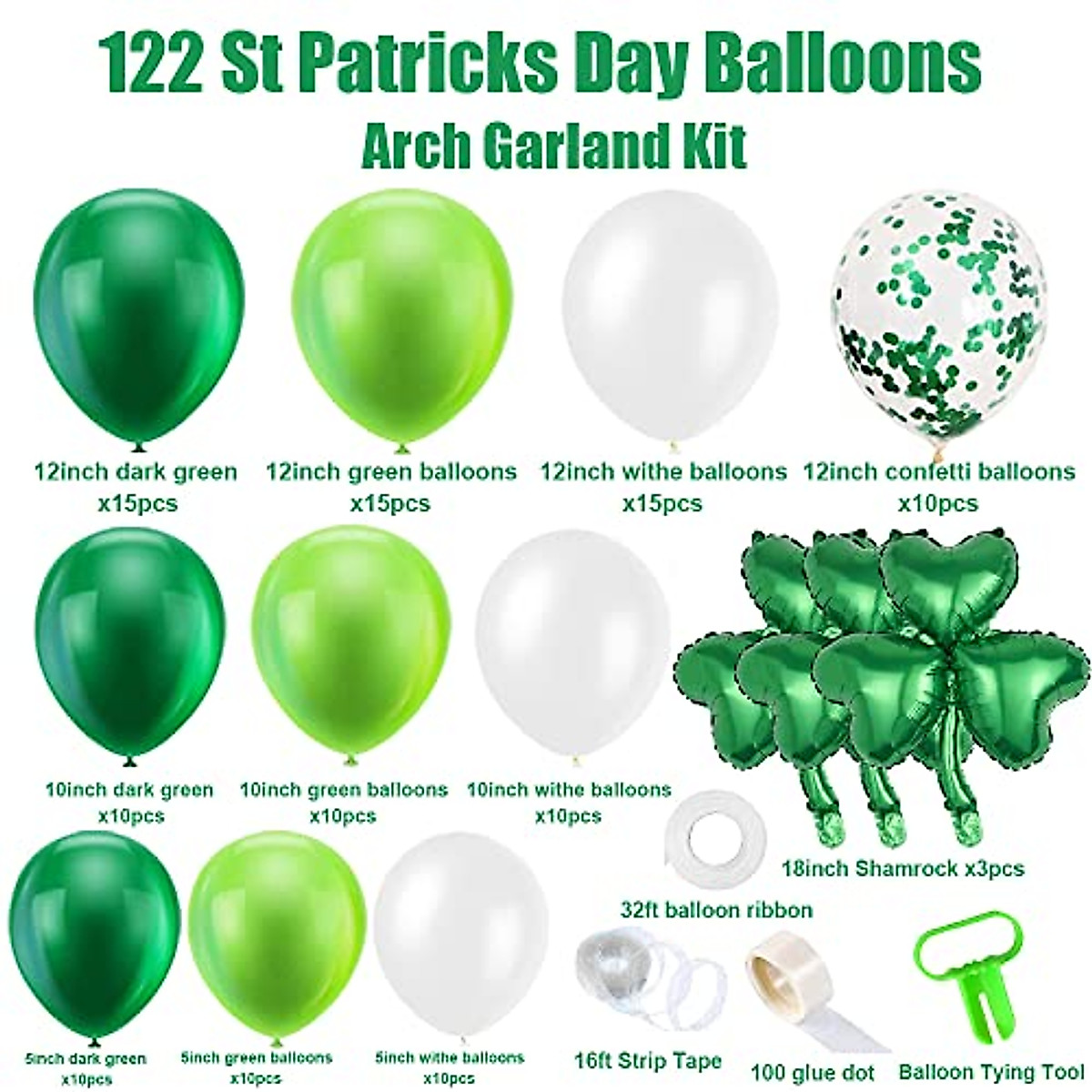 Littleloverly 119pcs St. Patrick's Day Shamrock Balloons Arch Garland Kit - Lucky Irish Shamrock Clover Foil Balloon for Irish Festival Party Decoration