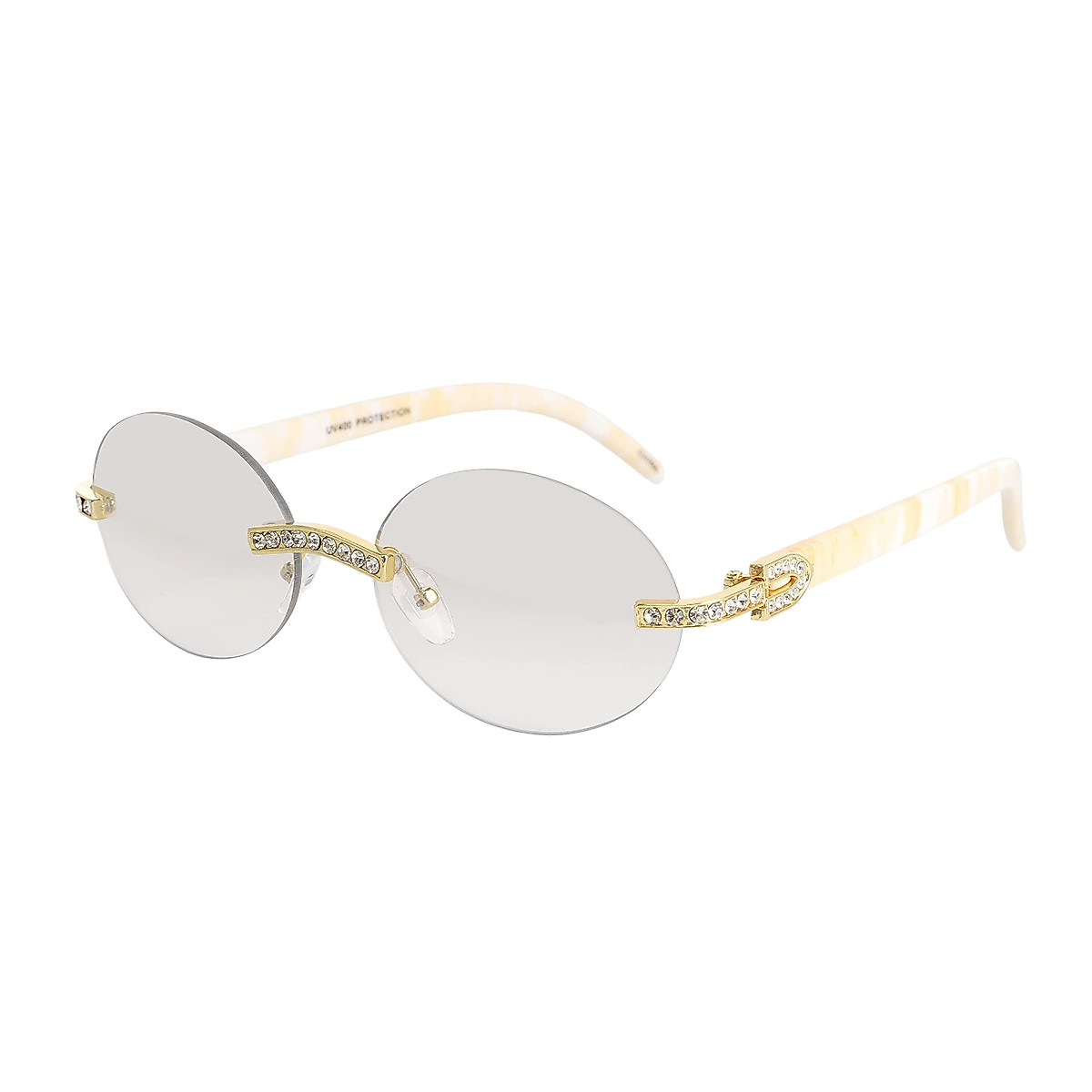 FLAWLESS EYEWEAR Retro Wood Buffs Vintage Style Gangster Rimless Clear Lens Oval Eye Glasses (Diamond Gold Cream, 55)