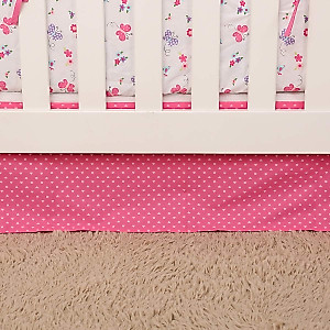 5 PCs Pink Owl Birds Butterfly Nursery Crib Bedding Set Blush Pink Floral Baby Girl Cot Bedding Set Quilt, Fitted Sheet, Skirt, Diaper Storage Bag, Window Valance