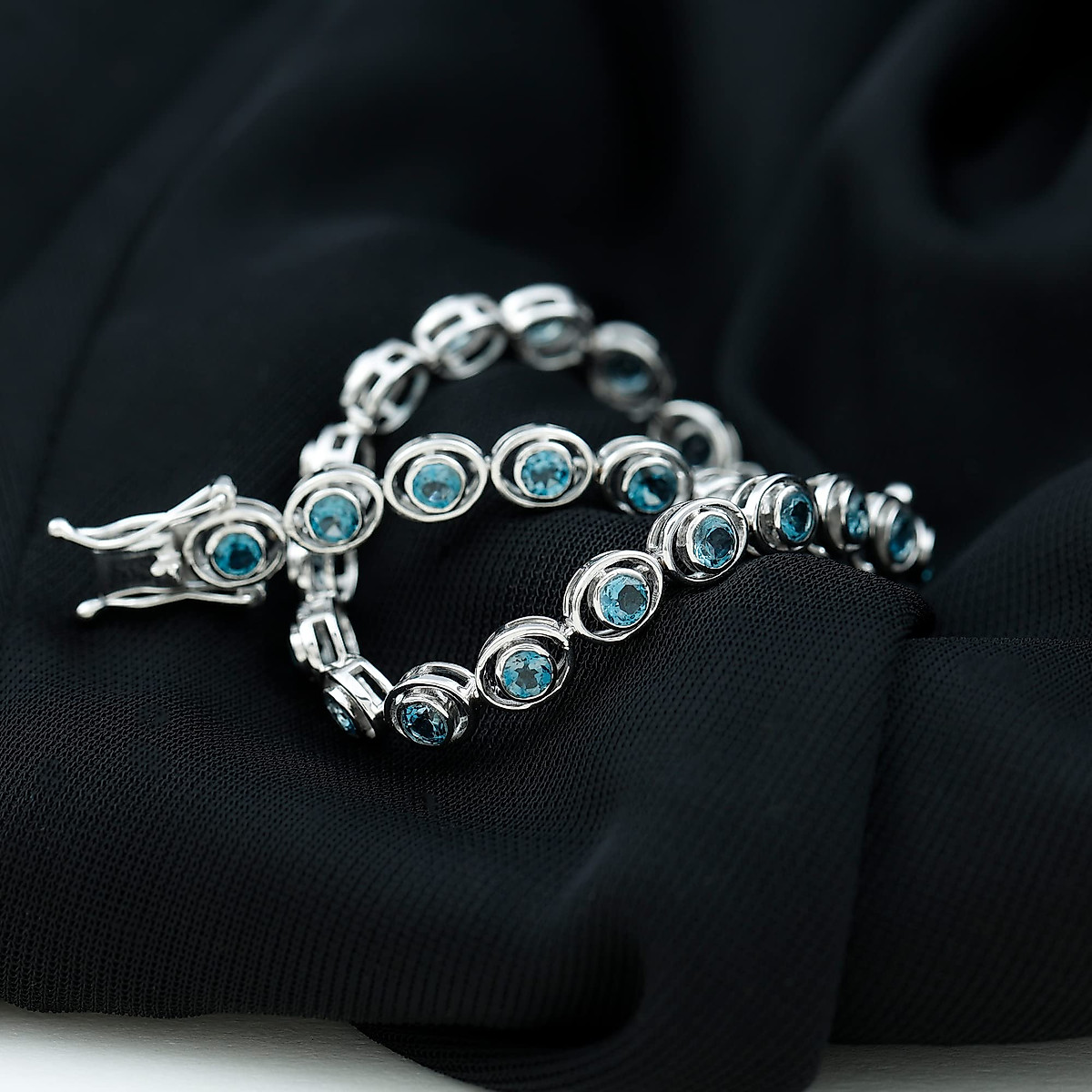 Certified London Blue Topaz Tennis Bracelet For Women, AAA Quality, December Birthstone Bracelet, 14K White Gold, 6.5 inches