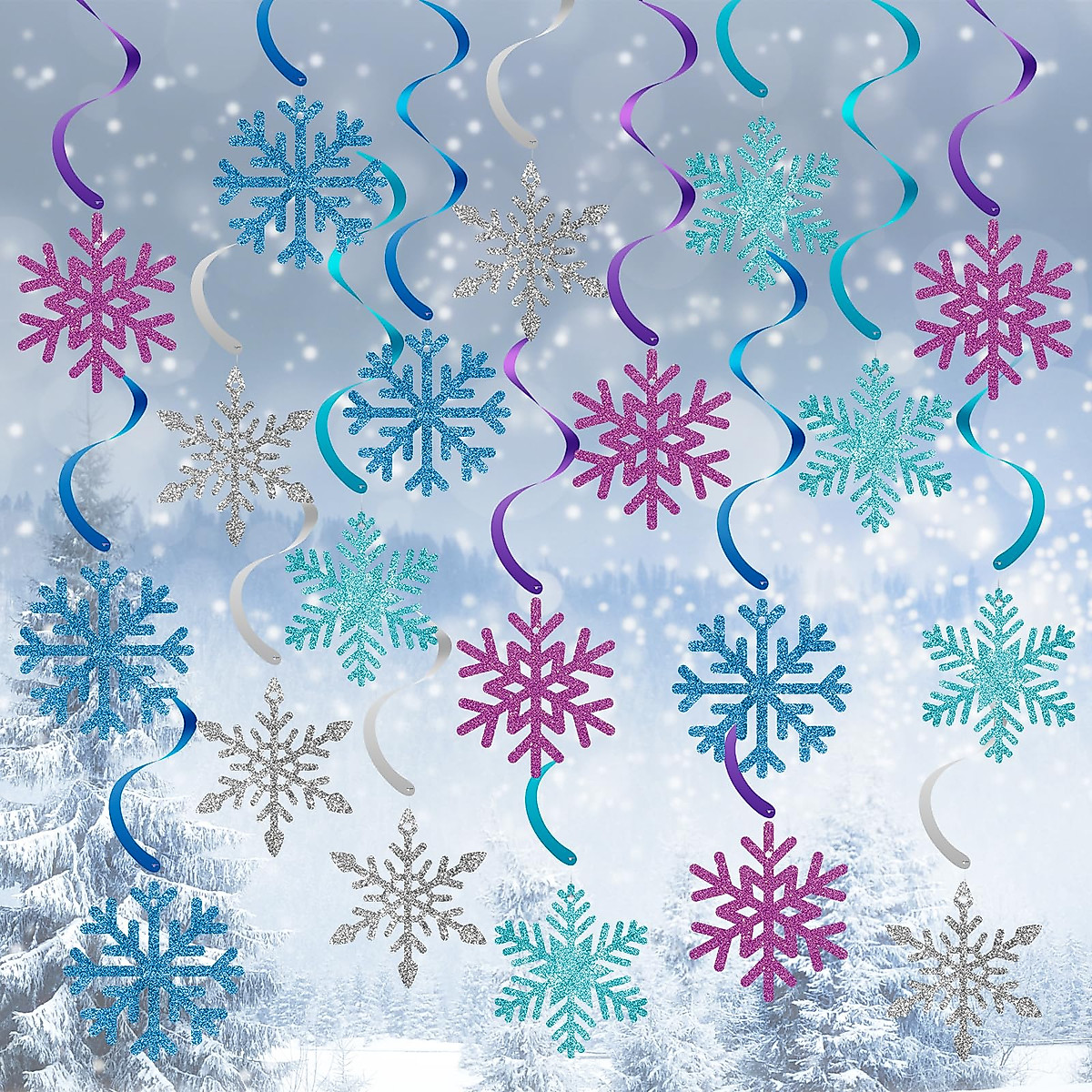 20 Pack Frozen Snowflake Hanging Decorations - Winter Snowflakes Hanging Swirls Ceiling Streamers, Glittery Snowflakes Ornament for Wonderland Frozen Party Decorations, Birthday and Christmas Decor