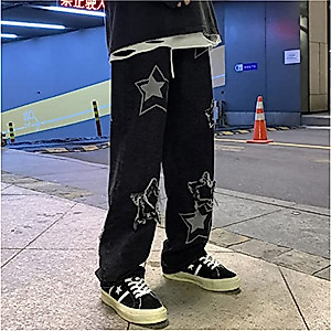 Y2K Baggy Jeans Mens Straight Wide Leg Vintage Denim Pants Black Hip Hop Patchwork Trousers