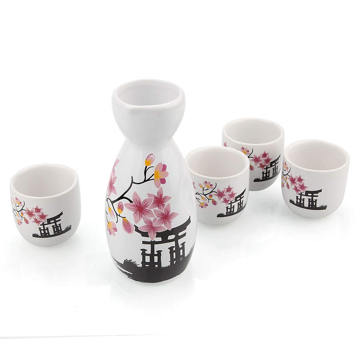 ABuff Japanese Sake Set, 1 Tokkuri Bottle & 4 Ochoko Cups, Spring Blossoms Ceramic Sake Set- Microwave and Dishwasher Safe