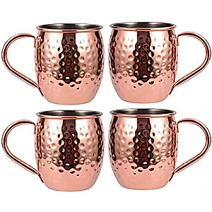 Moscow Mule Mugs Set of 4, Hammered Copper Moscow Mule Mug | Stainless Steel Lining, Copper Plating Cups with Gold Brass Handles Moscow Mule Copper Mug