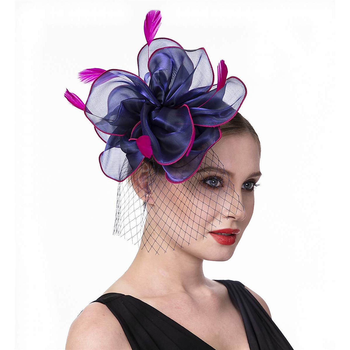 Fascinators Hat for Women Tea Party Headband Girls Flapper Headpiece Kentucky Church Derby Wedding (FM02-Navy and Rose)