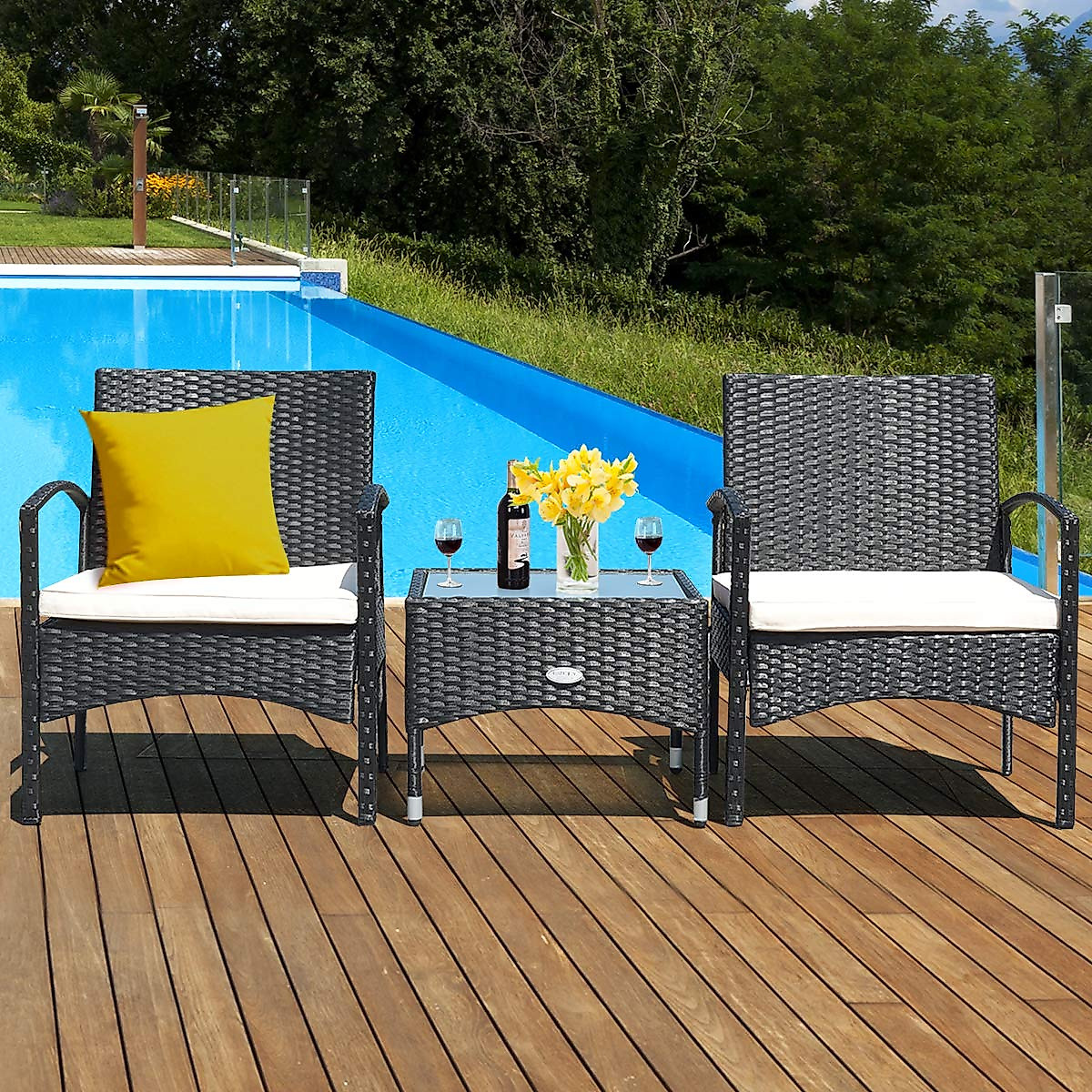 Tangkula 3 PCS Patio Wicker Rattan Furniture Set, Rattan Chair with Coffee Table, High Load Bearing Chair Conversation Sets for Patio Garden Lawn Backyard Pool (Black)