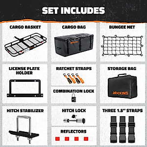 Mockins 60"x20"x6" Folding Trailer Hitch Cargo Carrier & 16 Cu.Ft. Waterproof Tow Hitch Cargo Carrier Bag Set | 500 Lbs. Capacity All-Weather Luggage Rack for Car, SUV, & Truck with Bag & Accessories