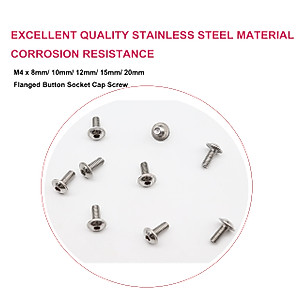 cSeao 100pcs Flanged Button Head Socket Cap M4 Screws Kit, M4x8mm/ 10mm/ 12mm/ 15mm/ 20mm, 304 Stainless Steel 18-8, Allen Socket Drive, Bright Finish, Fully Machine Threaded