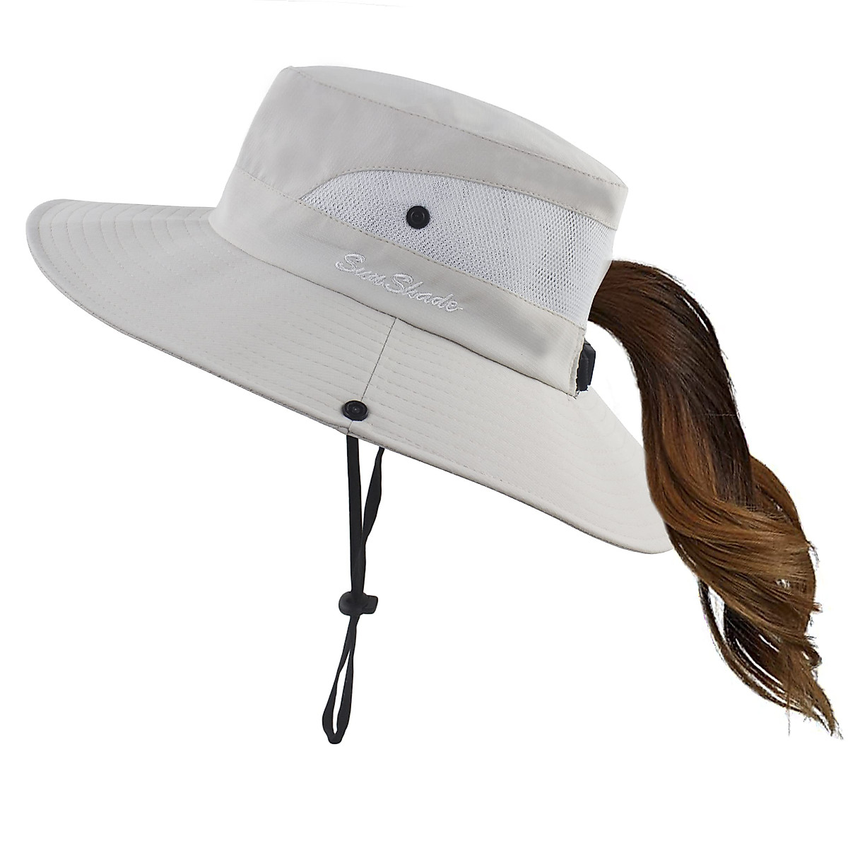 Womens Ponytail Sun Hat Outdoor UV Protection Foldable Mesh Bucket Hats Wide Brim Summer Beach Fishing Cap Pure Beige