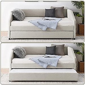 JEEOHEY Full Size Daybed with Trundle, Modern Upholstered Linen Sofa Bed for Apartment Living Room Guest Room, Solid Wood Trundle Day Bed Frame, No Box Spring Needed, Beige