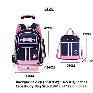 ZHANAO Rolling Trolley Bag Wheeled Backpack Bowknot for Girls Primary Schoolbag 3Pcs with Crossbody Bag Pencil Case