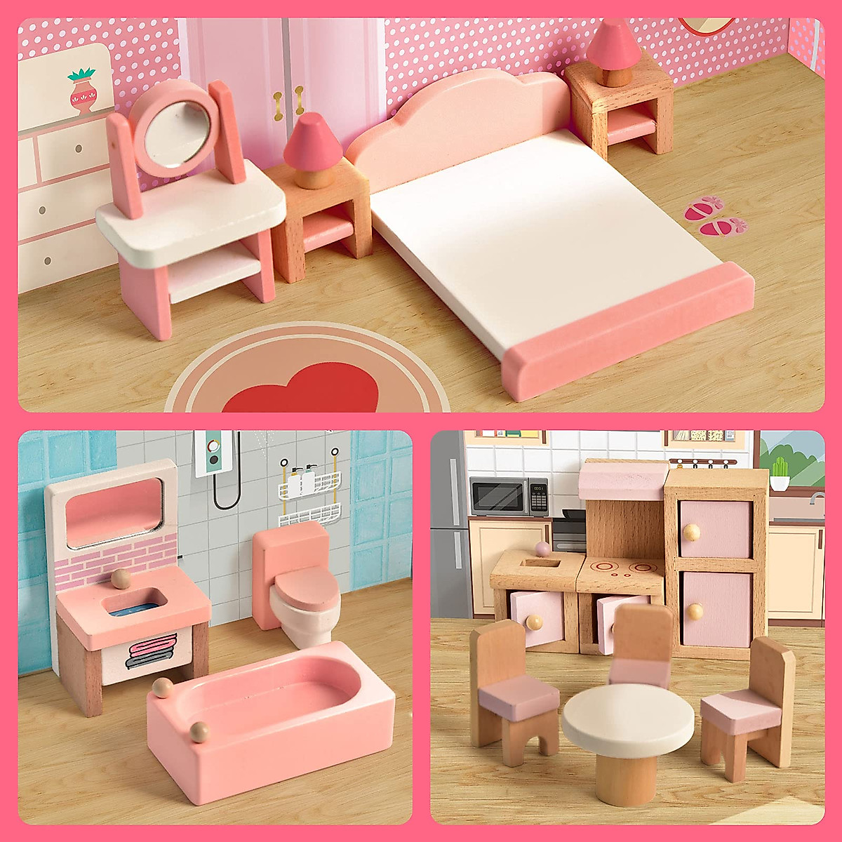 FUN LITTLE TOYS 4 Set Wooden Doll House Furniture, 22 PCs Dollhouse Accessories, Pink Wooden Toys