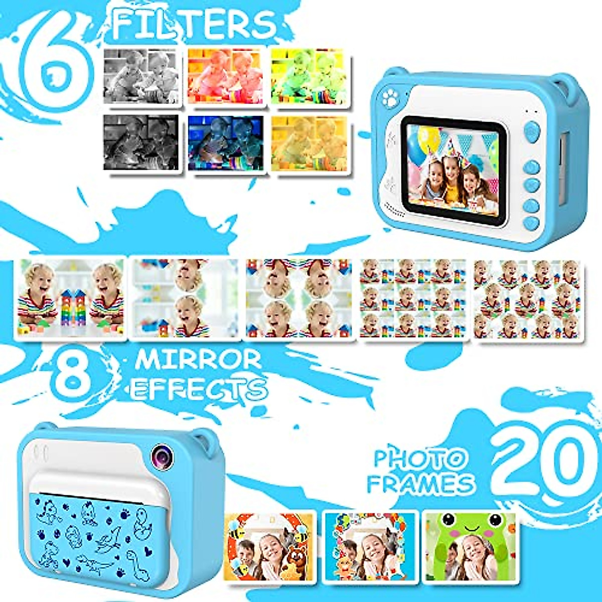 USHINING Instant Print Camera for Kids, 12MP Digital Camera for Kids Aged 3-12 Ink Free Printing 1080P Video Camera for Kids with 32GB SD Card,Color Pens,Print Papers (Blue)