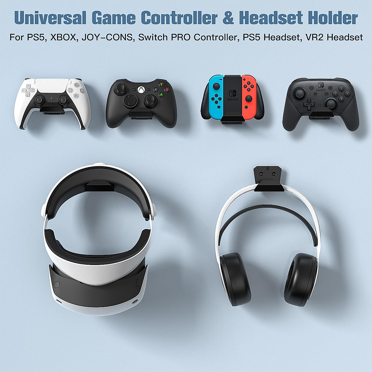 KUNSLUCK 6 Pack Controller Wall Mount for PS5, Xbox, Switch Controller, Wall Mount Stand for Controller&Headset, Adhesive/Screws Installation (Black)