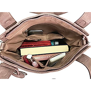 Zzfab Multi Pockets Double Handles Faux Leather Concealed Carry Purse with Hidden Locking Zipper Mauve