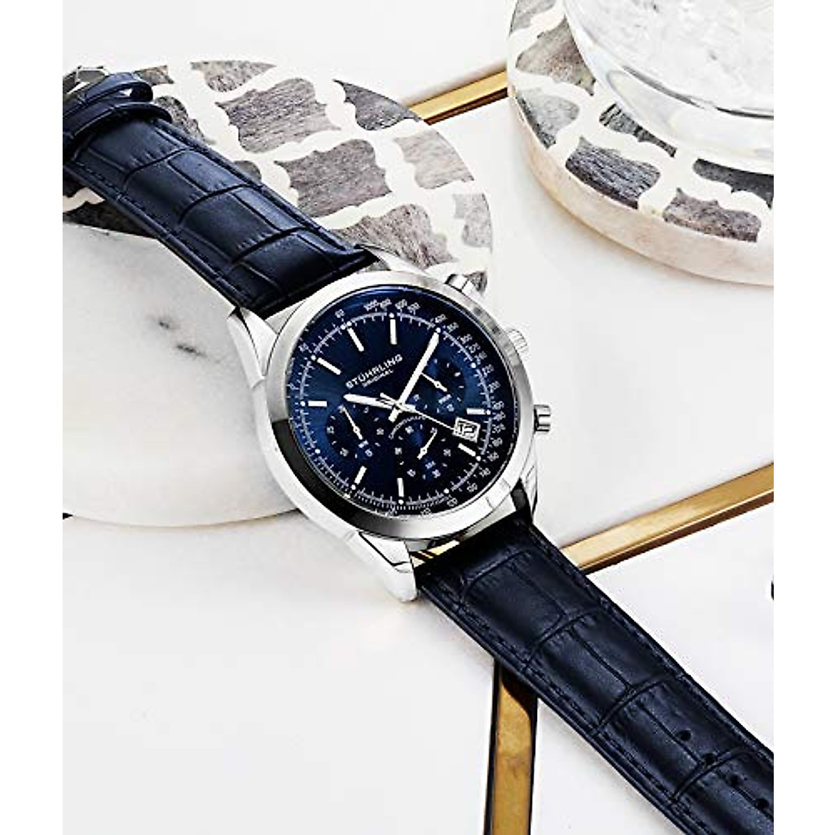 Stuhrling Original Mens Watches Chronograph Analog Blue Watch Dial with Date - Tachymeter 24-Hour Subdial Mens Blue Leather Strap - Watches for Men Rialto Collection (Blue)