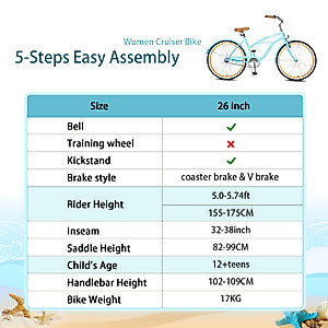 ACEGER 26 Inch Women Beach Cruiser Bike, Single Speed and 7 Speed, Adult Hybrid Bike Commuter Bicycle, Hi-Ten Steel Frame with Adjustable Handlebar and Saddle, Multiple Colors