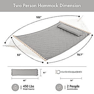 ANOW Heavy Duty Hammock with Spreader Bars and Detachable Pillow, 2 Person Hammock for Outdoors Indoors, 450 LBS Weight Capacity, Light Gray