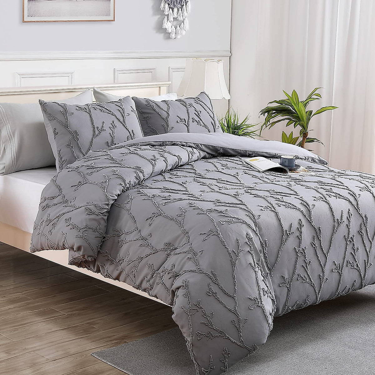 Queen Size Duvet Cover Set - 3-Piece Shabby Chic Branches Tufted Embroidery Duvet Cover Set for All Seasons, Grey, 90 x 90 Inch