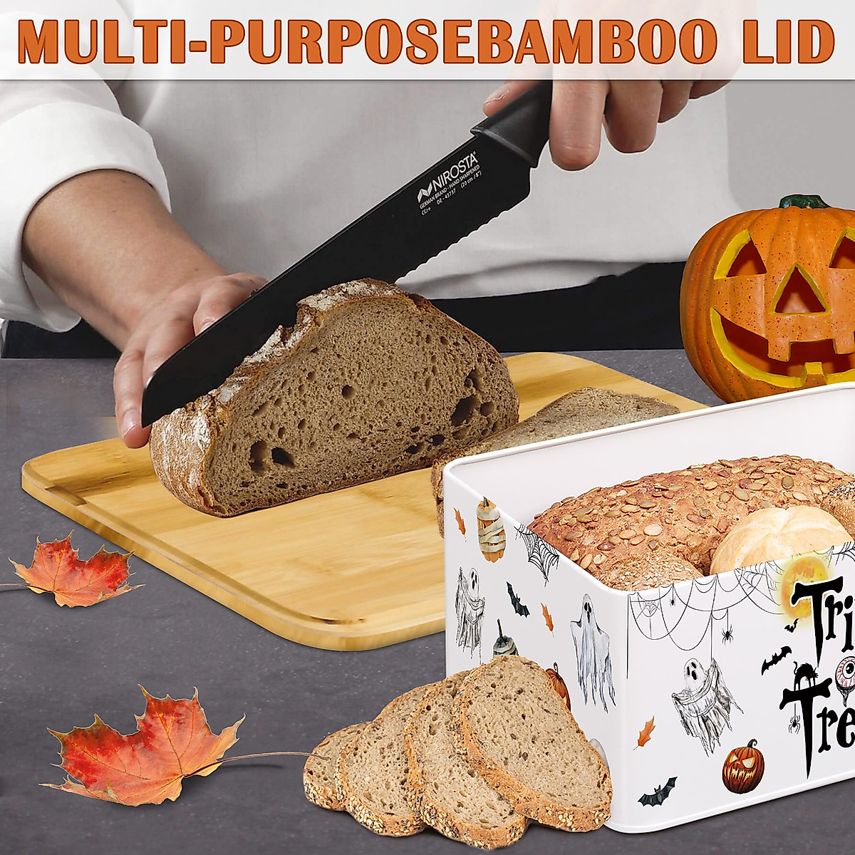 Halloween Bread Box with Bamboo Cutting Board Lid, Modern Metal Bread Storage Container Trick or Treat Kitchen Decor, Vintage Halloween Decorations For Home Organizer, Halloween Gifts for Women