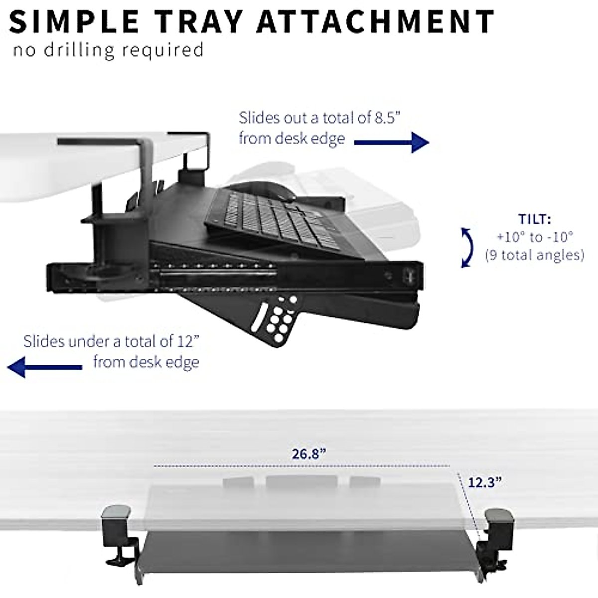 VIVO Large Tilting Keyboard Tray Under Desk Pull Out with Extra Sturdy C-Clamp Mount System, 27 (33 Including Clamps) x 11 inch Slide-Out Platform Computer Drawer for Typing, Black, MOUNT-KB05T