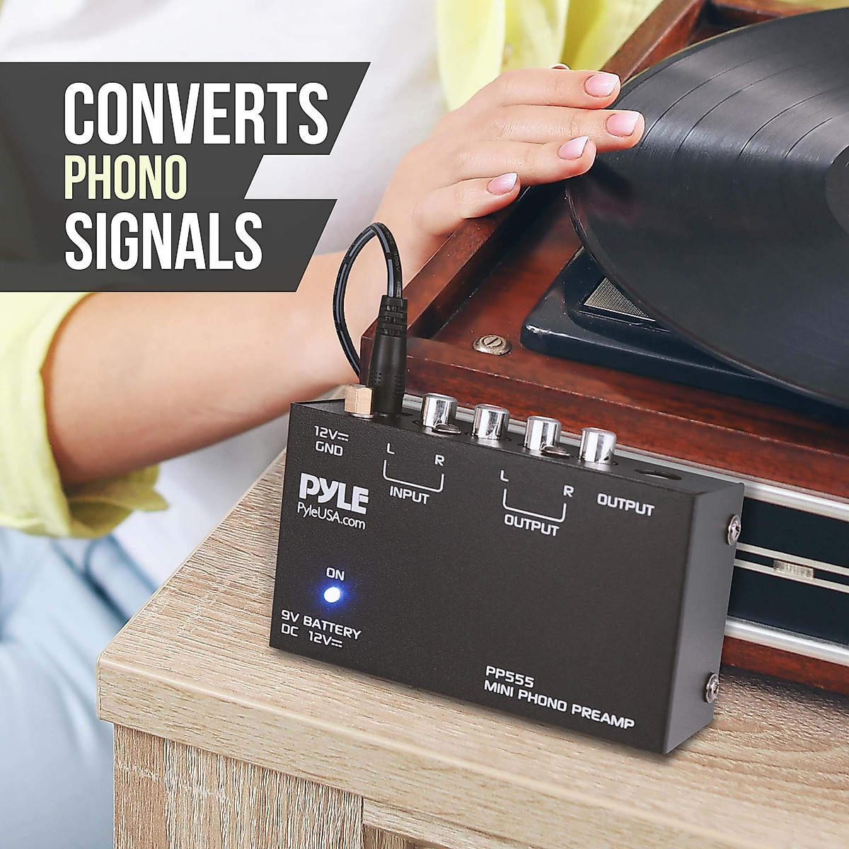 Pyle Phono Turntable Preamp - Mini Electronic Audio Stereo Phonograph Preamplifier with 9V Battery Compartment, Separate DC 12V Power Adapter, RCA Input, RCA Output & Low Noise Operation (PP555) BLACK