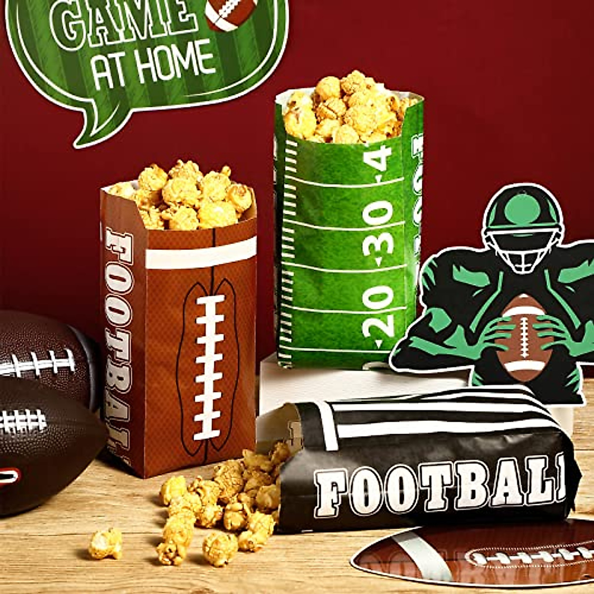 120 PCS Football Popcorn Bags Football Candy Treat Bags Football Party Popcorn Boxes Football Popcorn Holder Football Paper Favor Bags for Football Theme Birthday Party Baby Shower Supplies