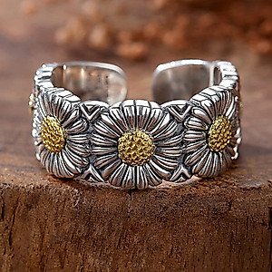 Wide Sunflower Band Ring,S925 Sterling Silver Adjustable Open Daisy Flower Floral Thumb Band Ring for Women (Ring_2PCS, Adjustable)