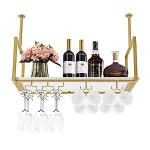 Fetcoi Rustic Ceiling Wine Glass Rack, 31.5 inch Hanging Metal Wine Rack with Glass Holder, Mug Holder and Shelf, Metal Ceiling Bar Wine Glass Rack for Bar Cafe Kitchen Restaurant, Gold