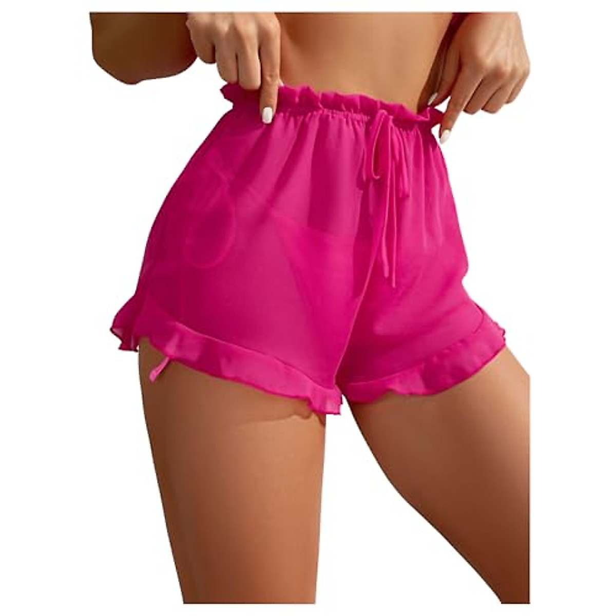 Milumia Women's Drawstring Ruffle Hem Sheer Mesh Beach Swim Cover Up Shorts Hot Pink Large