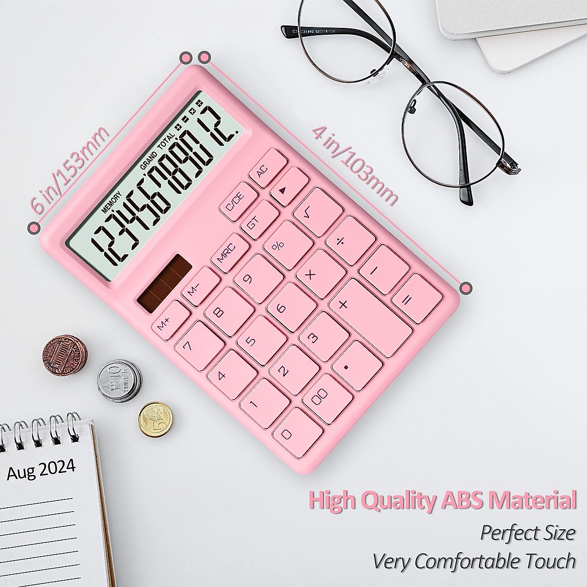 Exlliy Desk Calculator 12 Digit,Pink Desktop Dual Power Battery and Solar,Desk Calculators with Large LCD Display,Perfect for Home, Office,and School Use,Auto Sleep