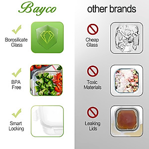 Bayco 10 Pack Glass Meal Prep Containers, Glass Food Storage Containers with Lids, Airtight Glass Lunch Bento Boxes, BPA-Free & Leak Proof (10 lids & 10 Containers) - Grey