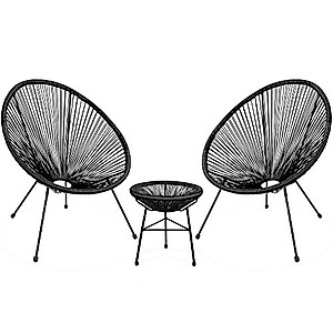 Barton 3 Pieces Acapulco Chair Set w/Glass Table Black Outdoor Patio Furniture Wicker Rattan Modern Conversation Chat Seating