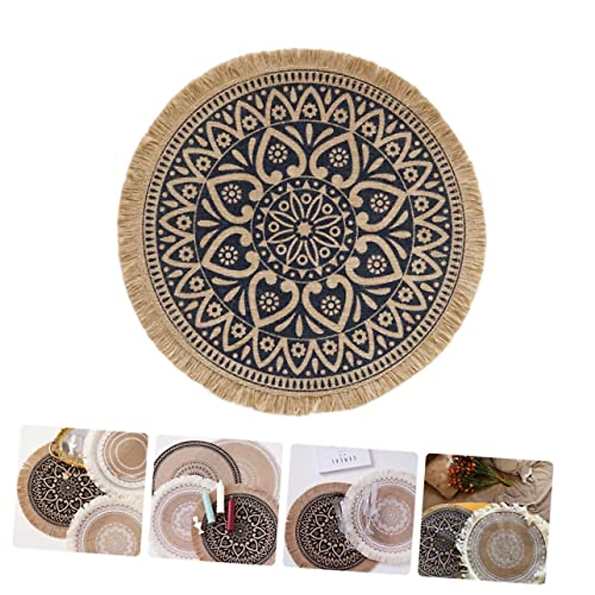 DECHOUS 1pc Jute Placemats Glass Coasters for Drinks Natural Home Decor Office Desk Decorations Mandala Dinking Coasters Round Cup Mat Pad Dining Table Placemat Household Place Mat Linen