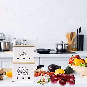 Gdfjiy Onion Garlic Storage Bin, Kitchen Vegetable Storage Tin, Set of 2 for Onion & Garlic with Wooden Lid and Aerating Holes, Kitchen Storage Canisters Set, Long Shelf Life - White