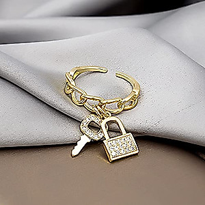 GANGYUN Open Zircon Crystal Lock Key Padlock Cuff Finger Rings for Women Adjustable Punk Infinty Chain Rings Jewelry (Gold)