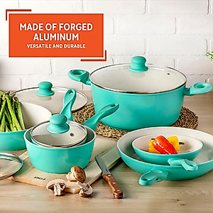 IMUSA USA 10pc Forged Nonstick white Interior Ceramic Teal Cookware Set