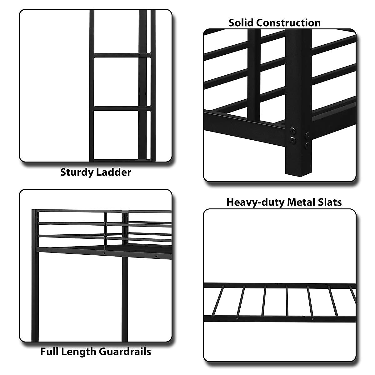 CNANXU Full Over Full Bunk Bed,Heavy Duty Metal Bunk Bed Frame with Ladder & Guardrail for Kids Bedroom,No Box Spring Required,Black