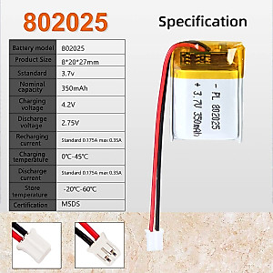 YDL 3.7V 350mAh 802025 Lipo battery Rechargeable Lithium Polymer ion Battery Pack with PH2.0mm JST Connector