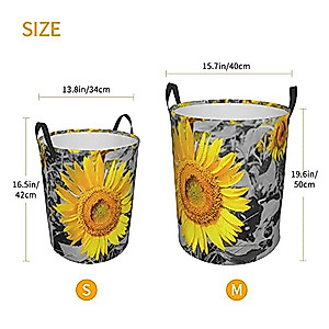 FeHuew Monotone Yellow Sunflowers Gray Field Collapsible Laundry Basket with Handle Waterproof Fabric Hamper Laundry Storage Baskets Organizer Large Bins for Dirty Clothes,toys,Bathroom